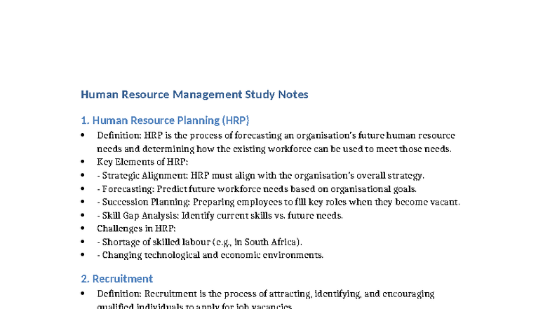 HRM 101: Study Notes on Human Resource Planning & Recruitment - Studocu