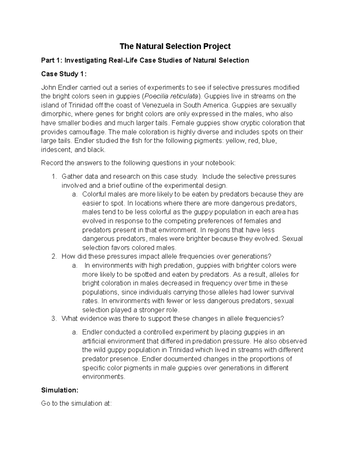 D4.1 Case Studies in Natural Selection: Guppies and Evolutionary Change ...