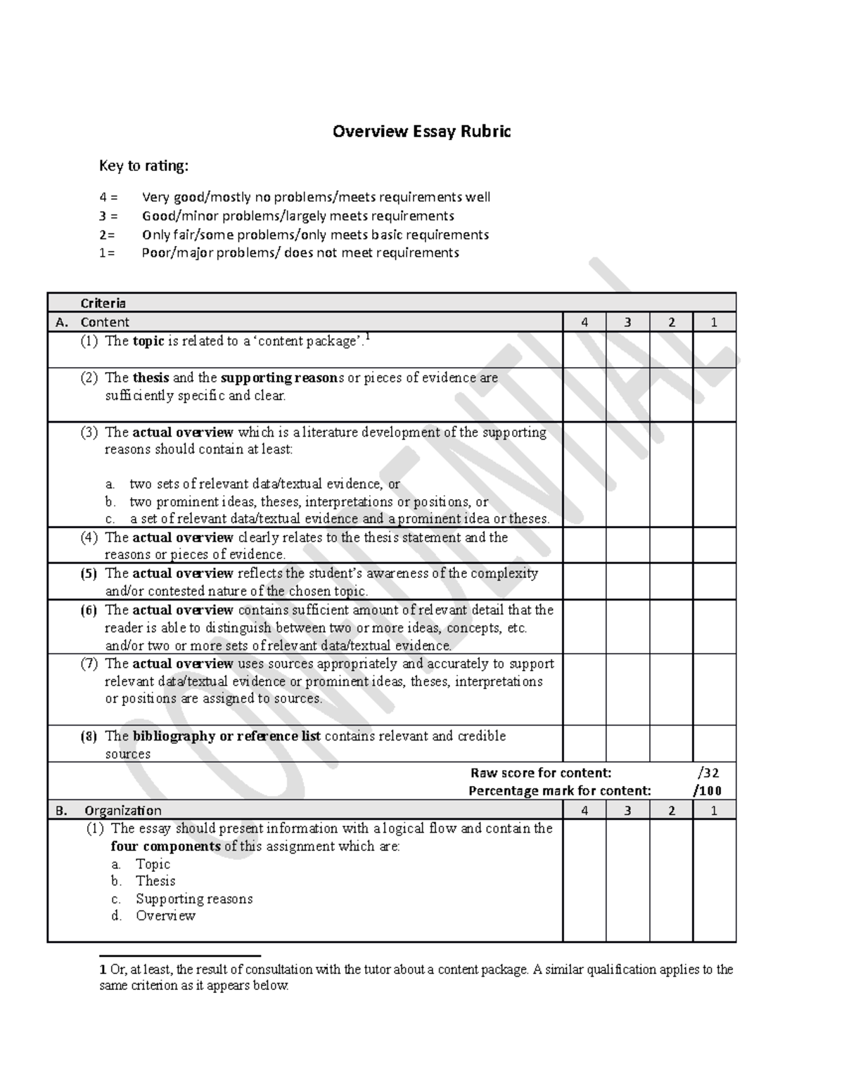 FAS1101 Rubric for Overview Essay - Overview Essay Rubric Key to rating: 4 = Very good/mostly no ...