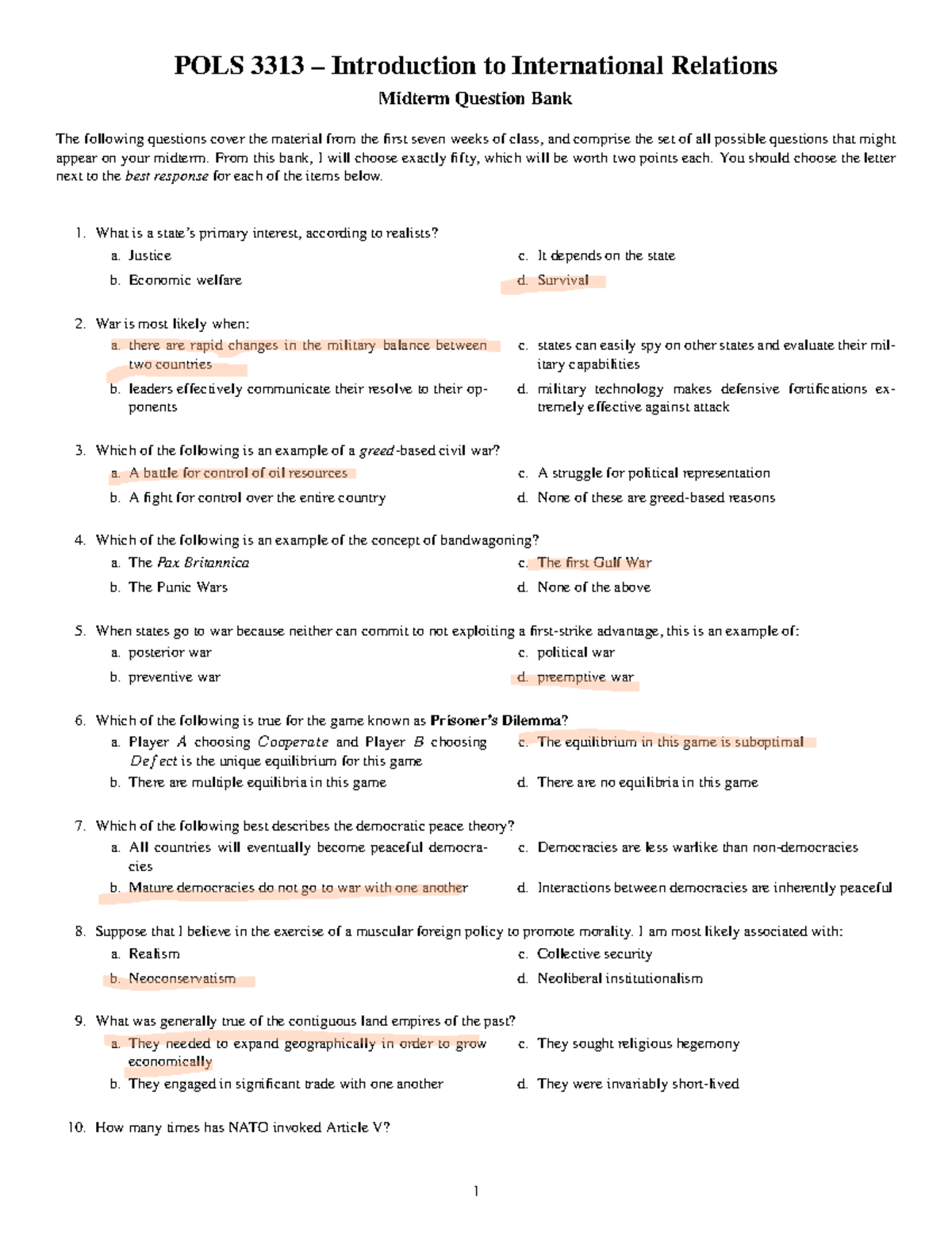 POLS 3313 Midterm Question Bank: International Relations Essentials - Studocu