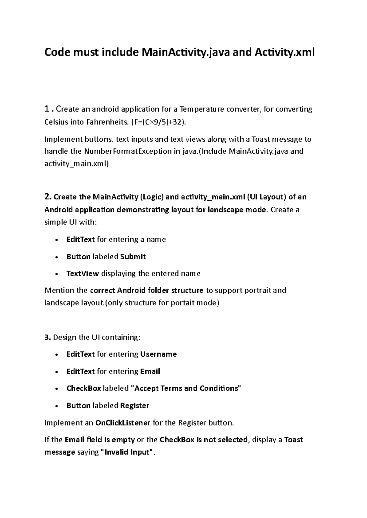 Android Application Sample Questions: MainActivity.java & Activity.xml ...