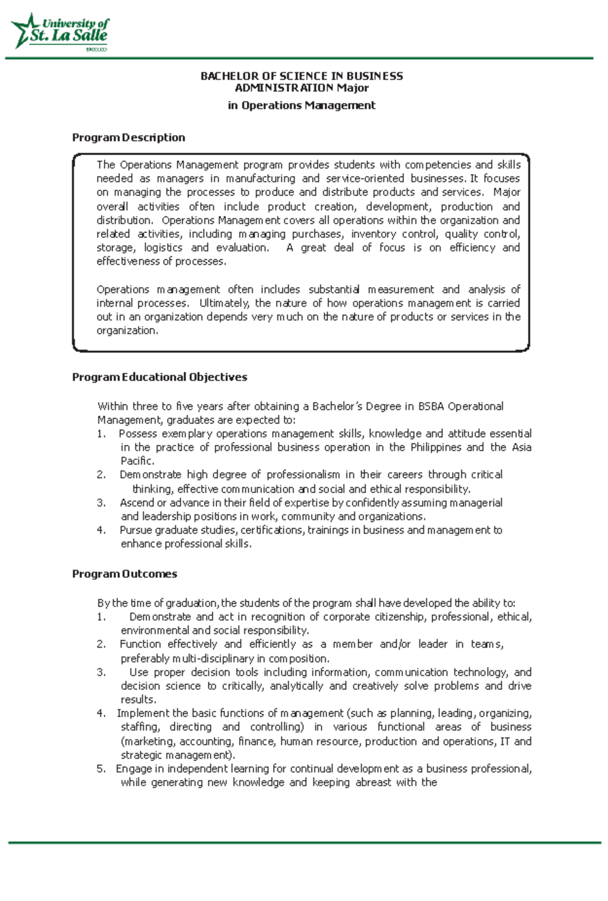 BSBA Operations Management Program Overview and Course Details - Studocu