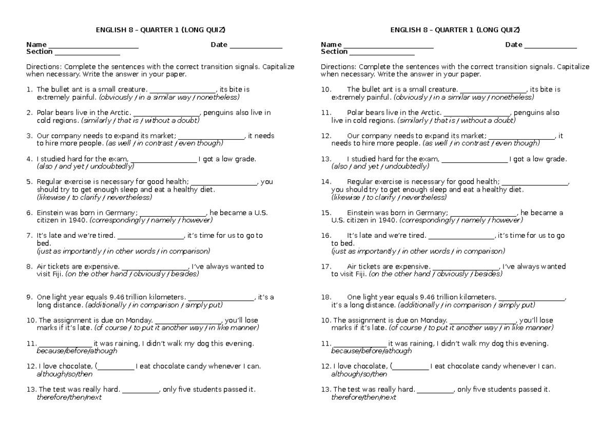ENGLISH 8 – QUARTER 1 (LONG QUIZ) on Transition Signals - Studocu