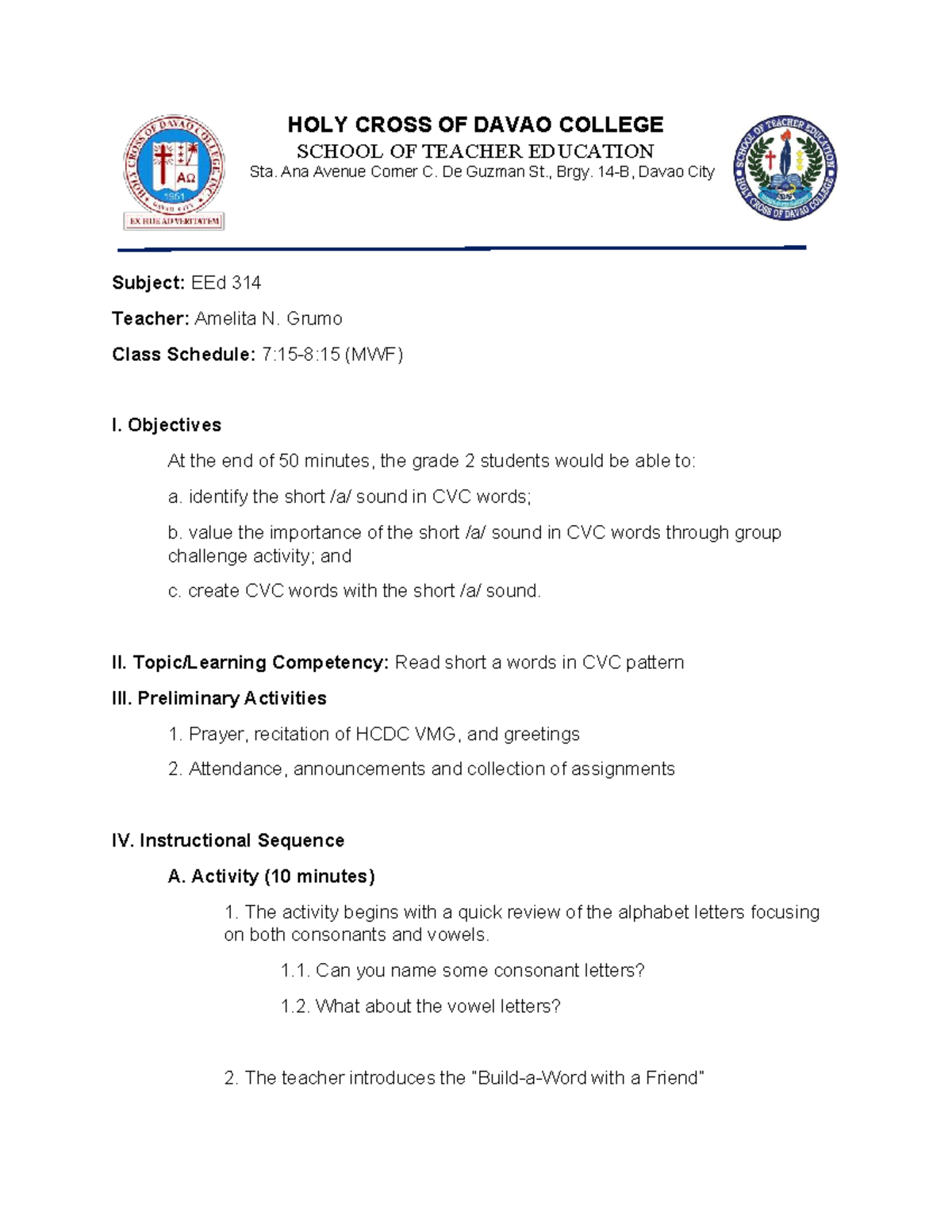 EEd 314 Lesson Plan: Teaching Short Sounds in CVC Words - Studocu