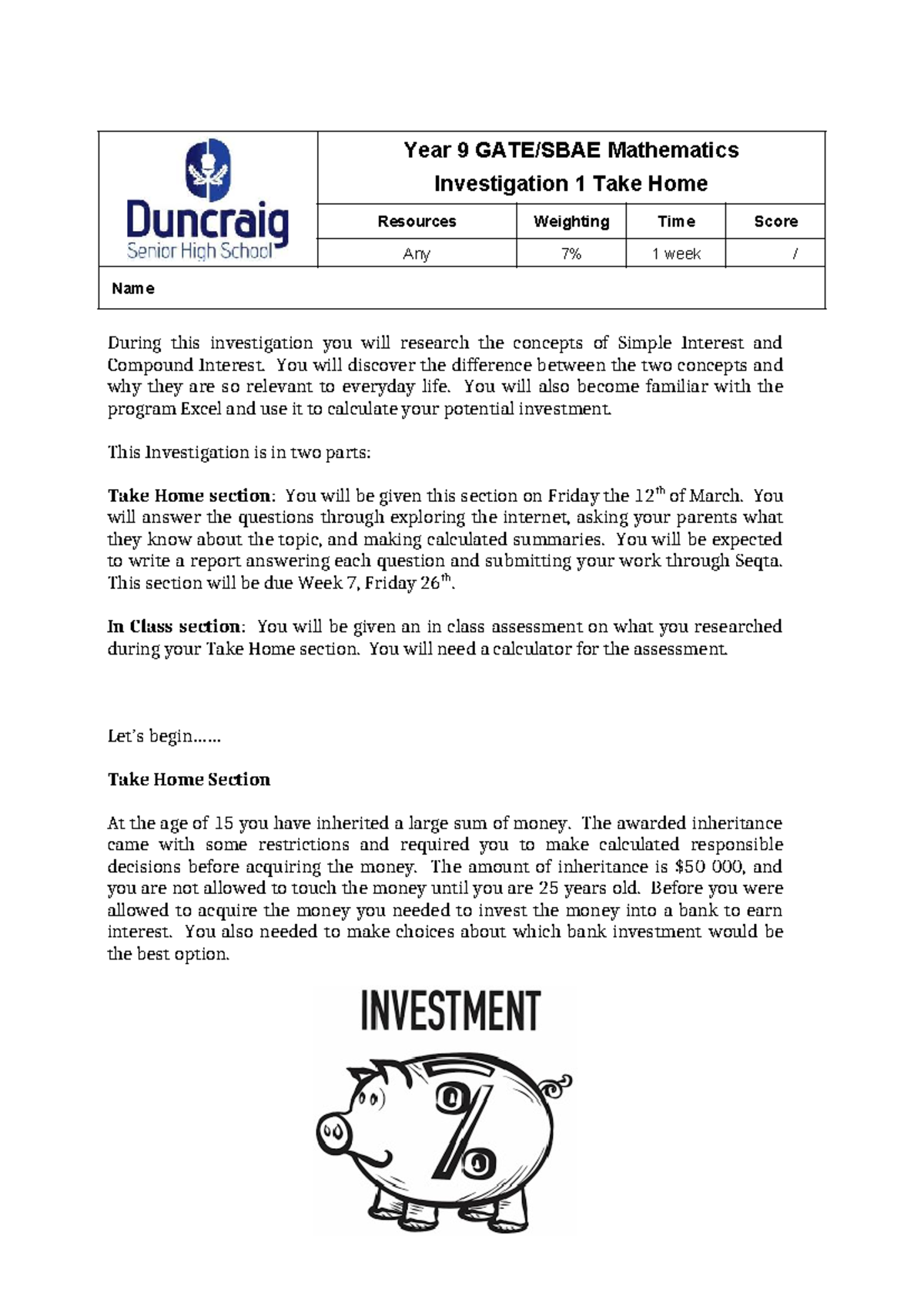 Year 9 Maths Investigation 1: Simple vs Compound Interest Resources ...