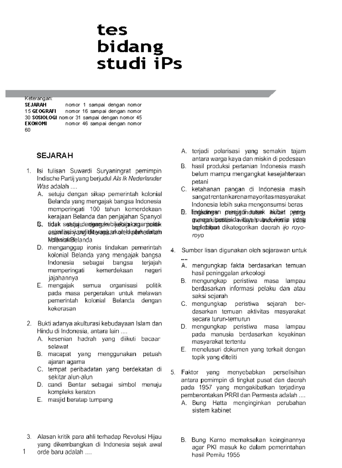 Soal Latihan TKD Soshum SBMPTN: Sejarah, Geografi, Sosiologi, Ekonomi ...