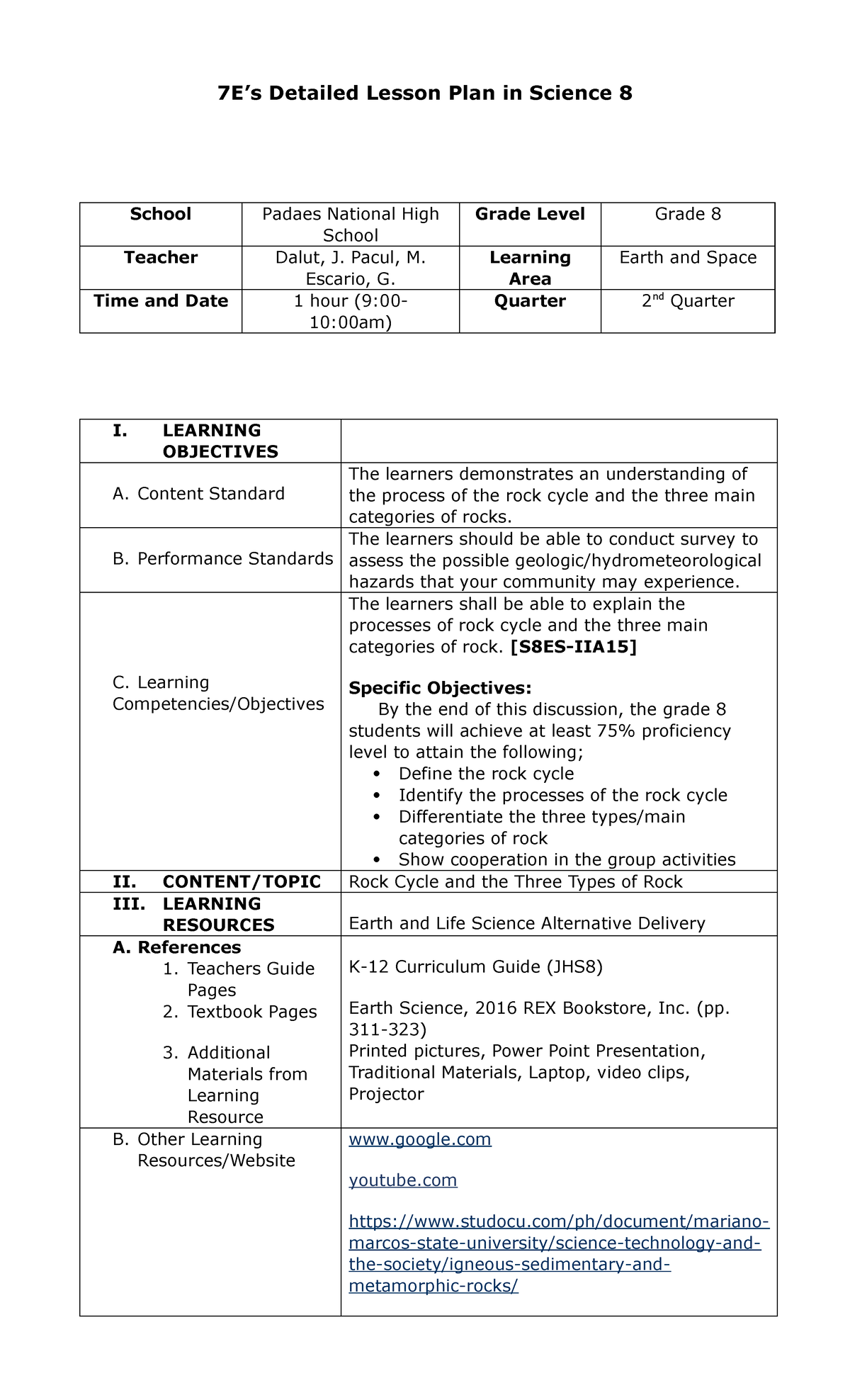 Detailed Lesson Plan on the Rock Cycle for Science 8 - Studocu