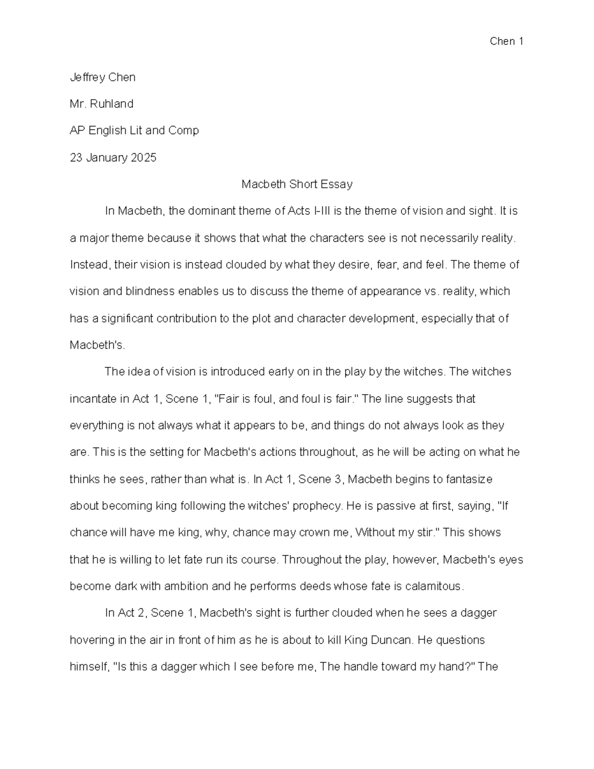 AP English Lit: Macbeth Essay on Vision and Sight in Acts I-III - Studocu