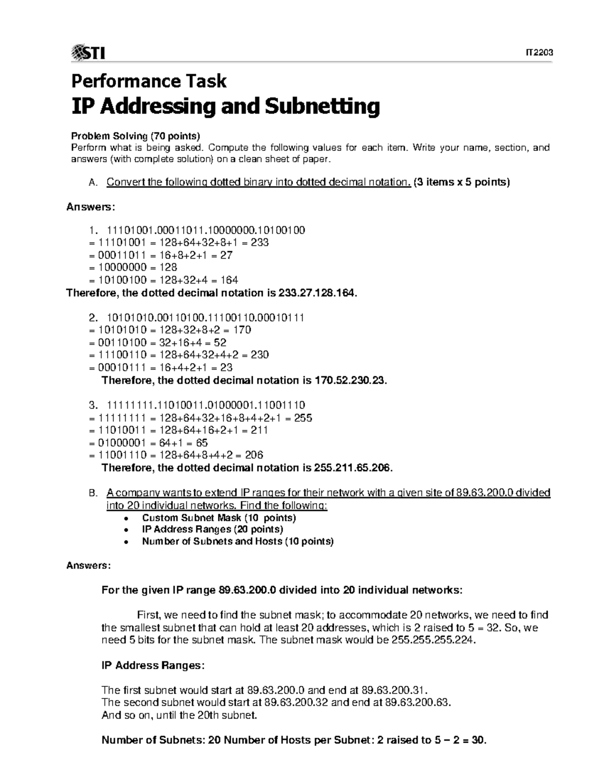 NET 101: IP Addressing & Subnetting Performance Task Solutions - Studocu