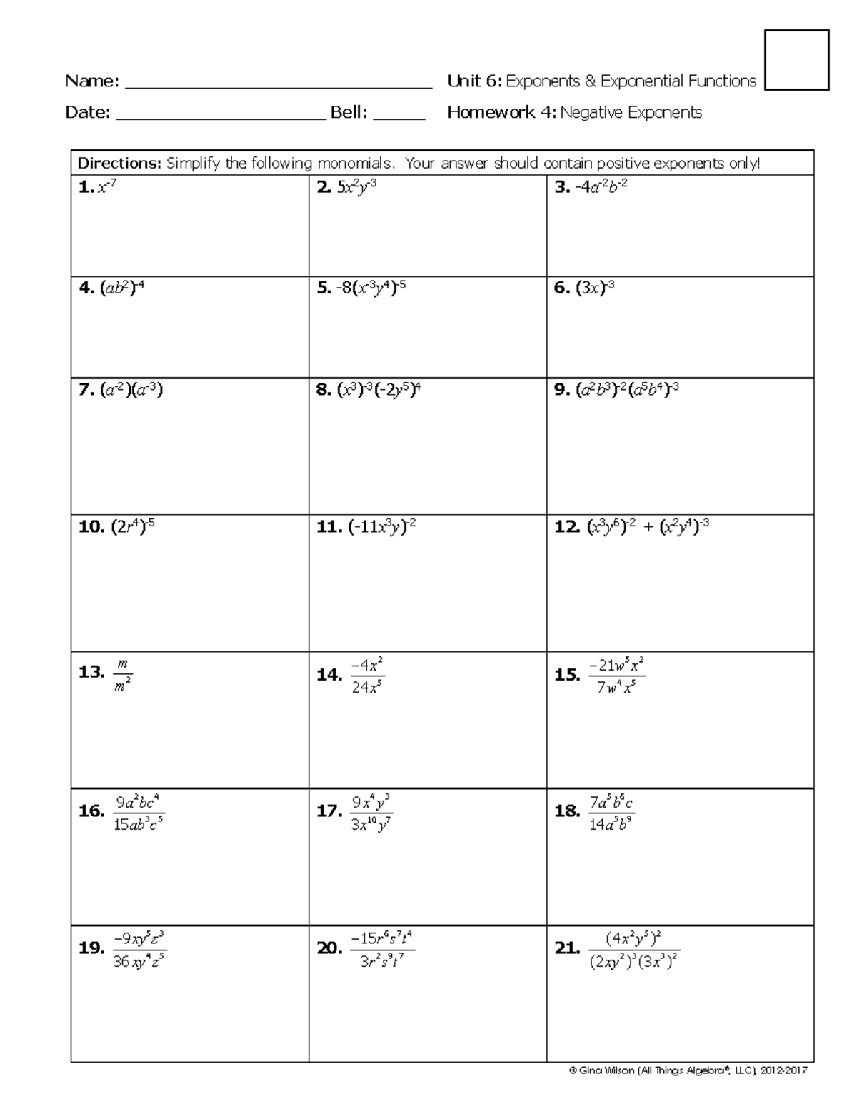 10th Grade Algebra HW: Simplifying Negative Exponents Assignment - Studocu