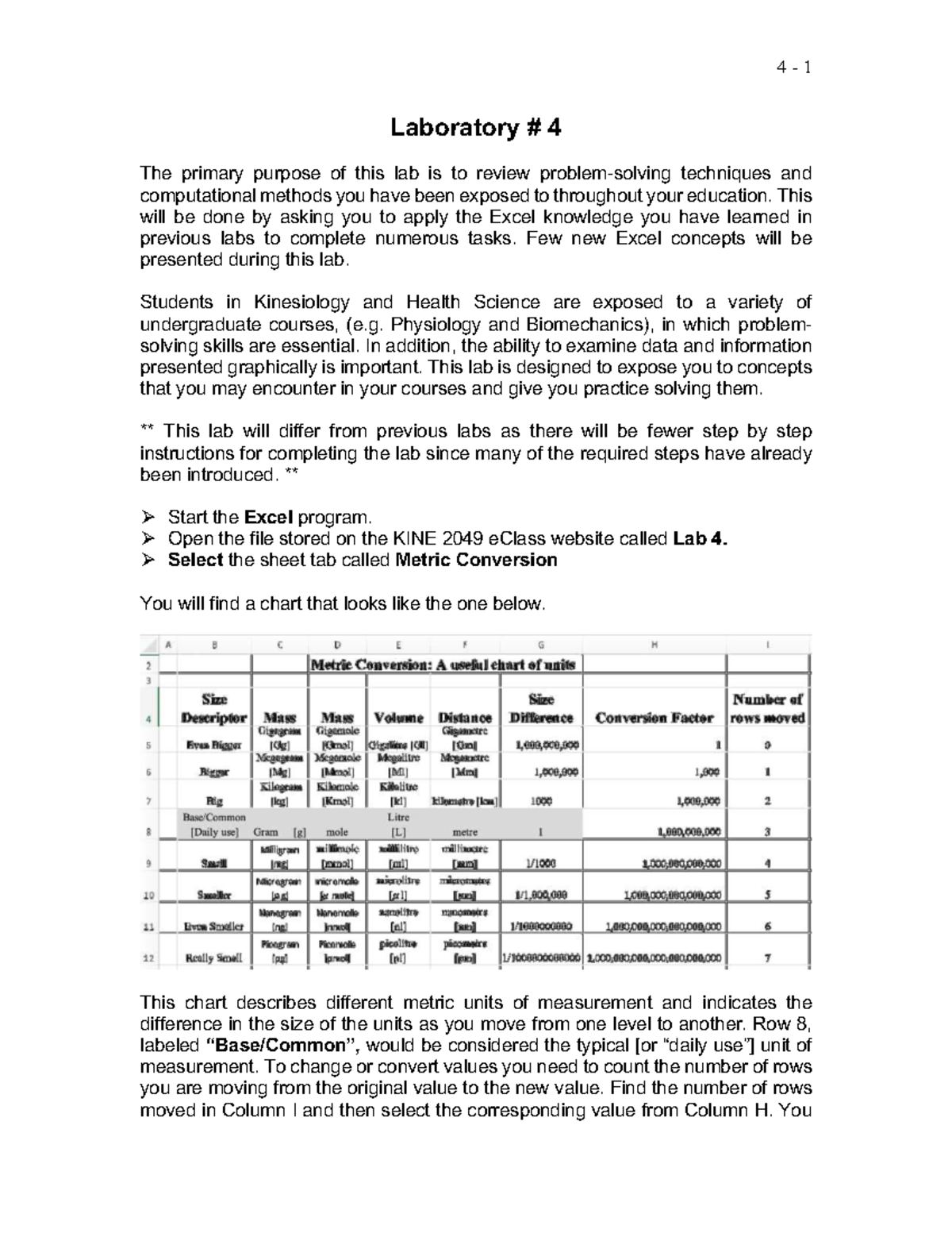 KINE 2049 Lab 4: Excel Techniques for Data Analysis and Conversion ...