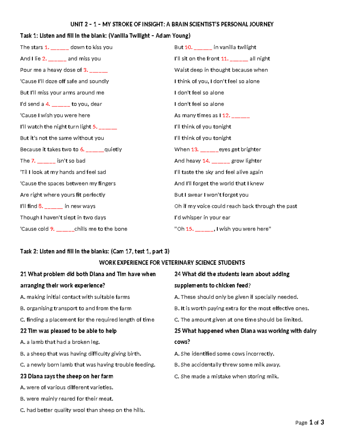 Handout Unit 2-1 - Nghe 4 - finished - UNIT 2 – 1 – MY STROKE OF ...