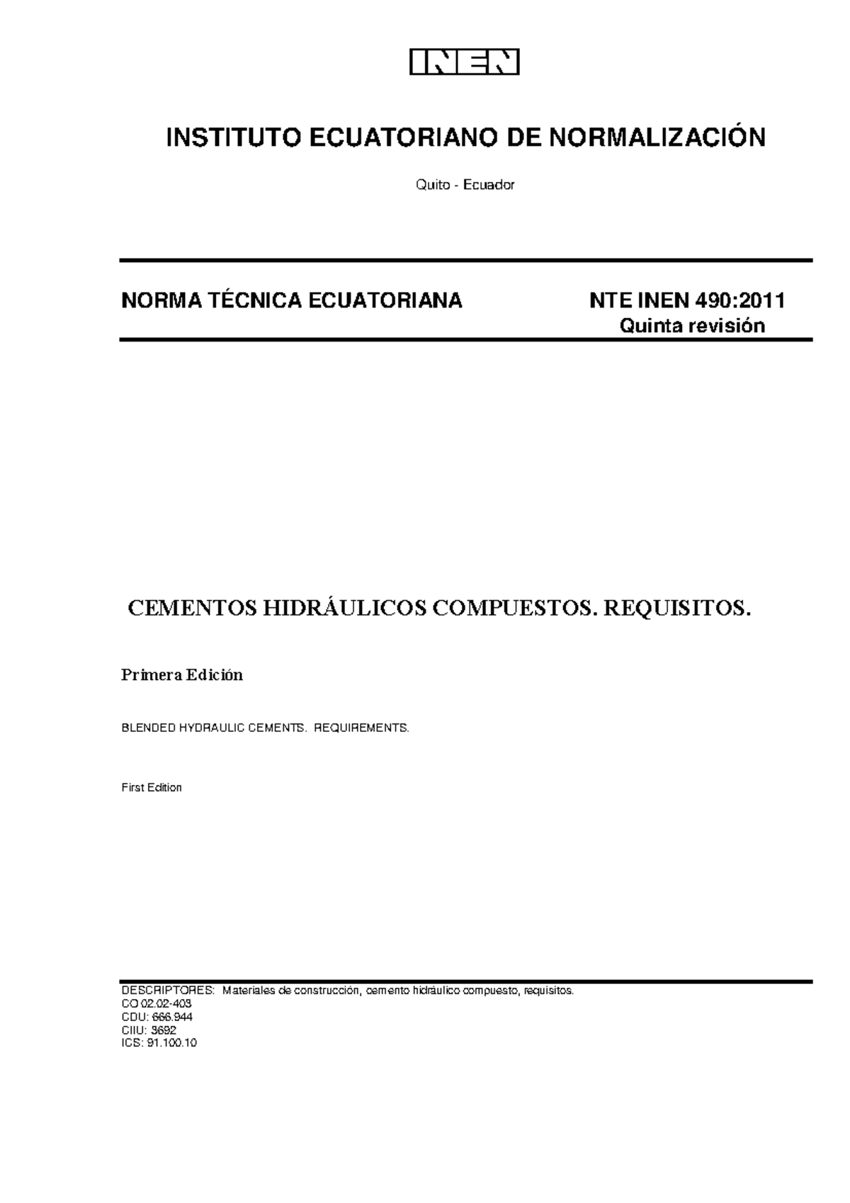 Nte inen 490-5 Requisitos DE Cementos - INSTITUTO ECUATORIANO DE NORMALIZACIÓN Quito - Ecuador ...