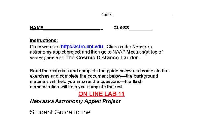 NAAP Lab 11: Cosmic Distance Ladder Student Guide & Exercises - Studocu