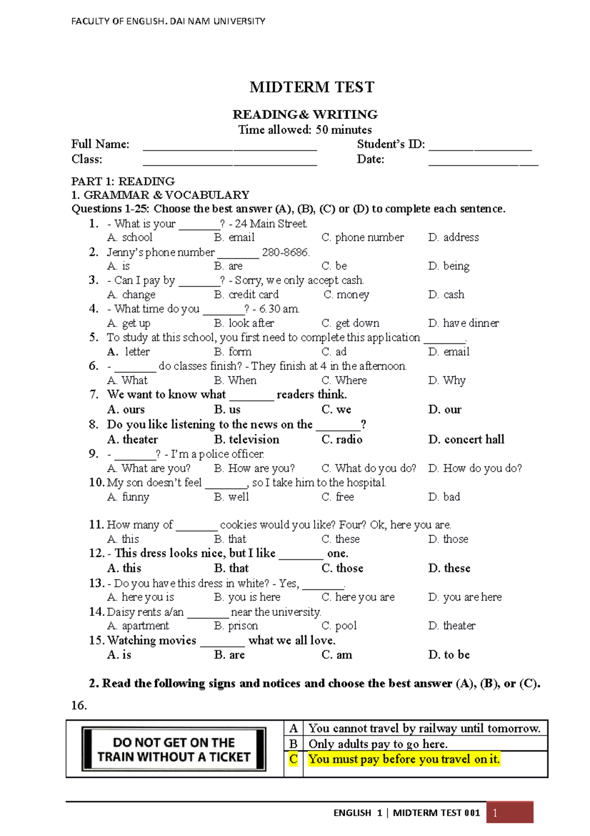 E1 Midterm Test 1 - Reading & Writing Practice Questions - Studocu