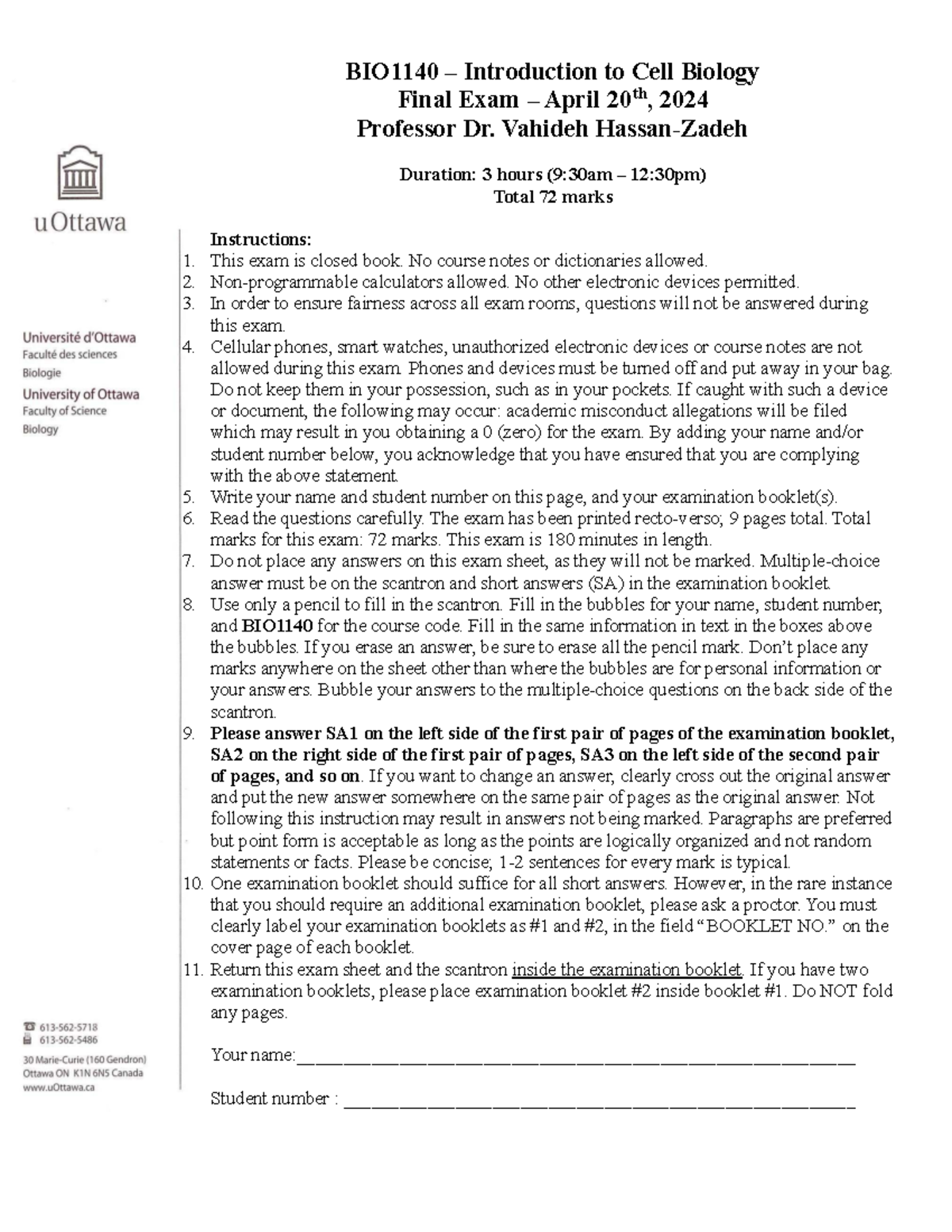 BIO1140 Introduction to Cell Biology Final Exam Guidelines 2024 - Studocu