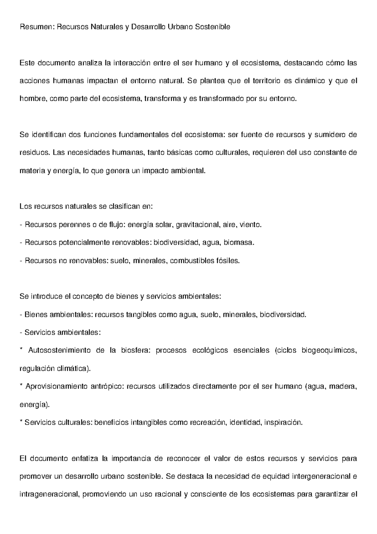 Resumen: Recursos Naturales y Desarrollo Urbano Sostenible - Studocu