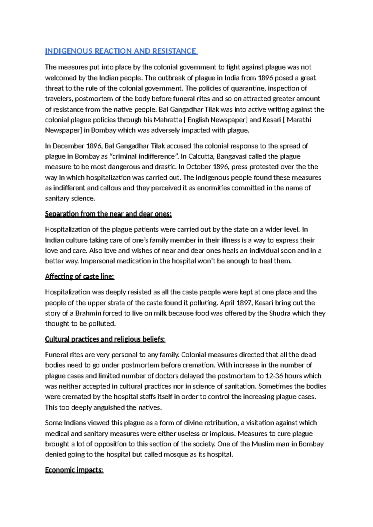 INDG 101: Indigenous Resistance to Colonial Plague Measures - Studocu