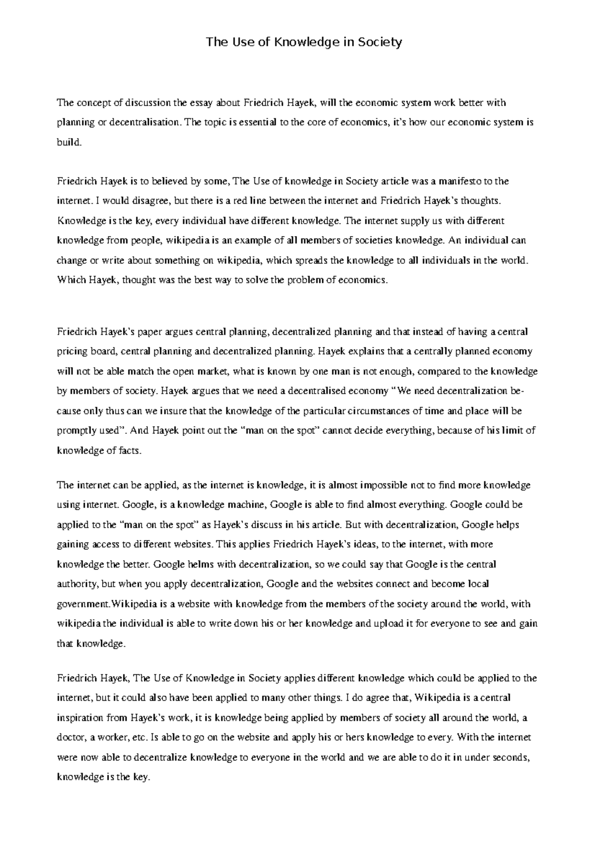 Essay on Hayek's "The Use of Knowledge in Society" - Studeersnel