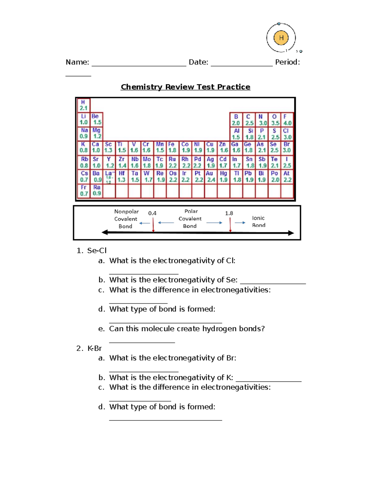 Chem 101: Chemistry Review Test 2 - Electronegativity & Bonding - Studocu