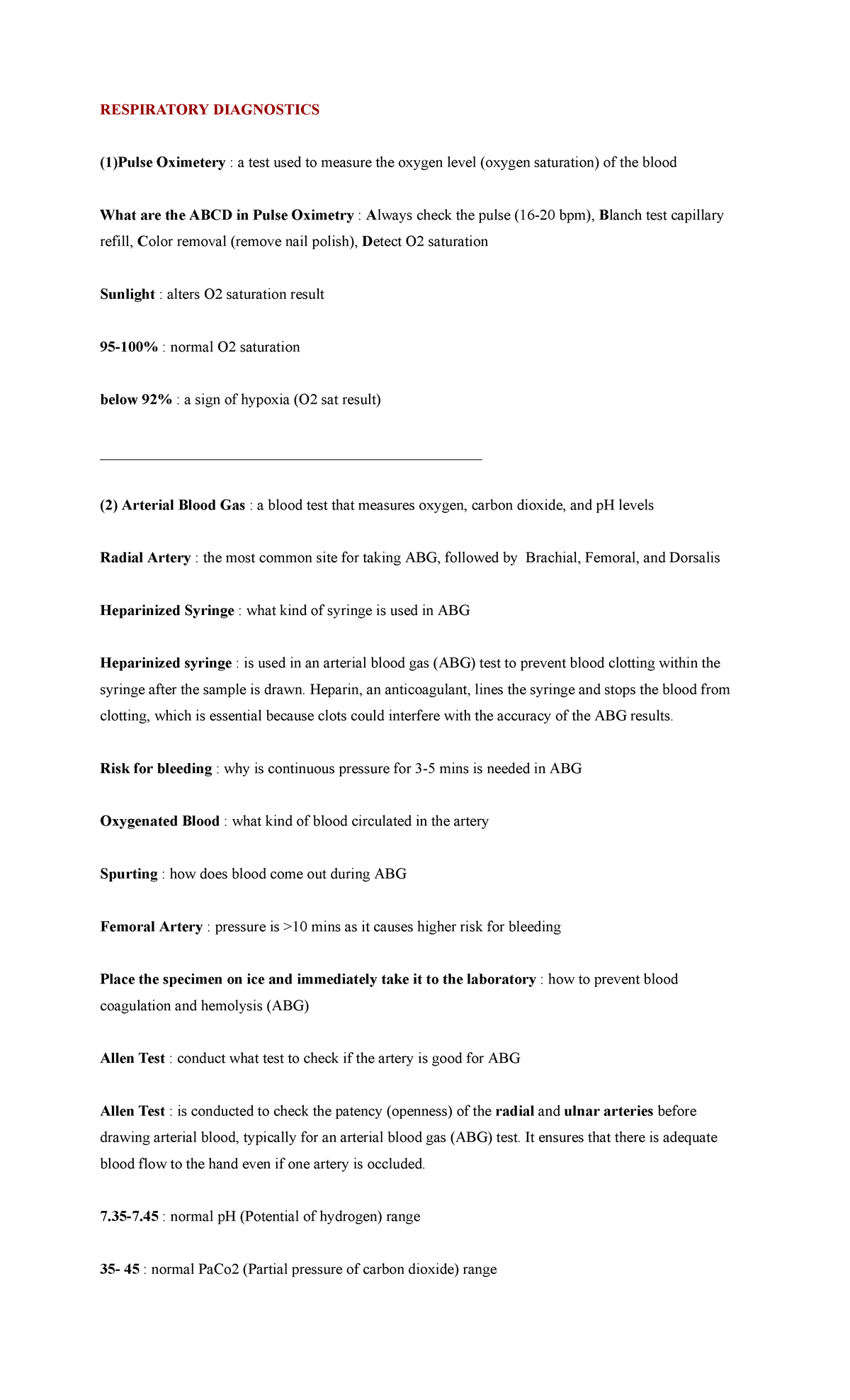 MS- Midterm - reviewer lecture notes - RESPIRATORY DIAGNOSTICS (1)Pulse Oximetery : a test used ...