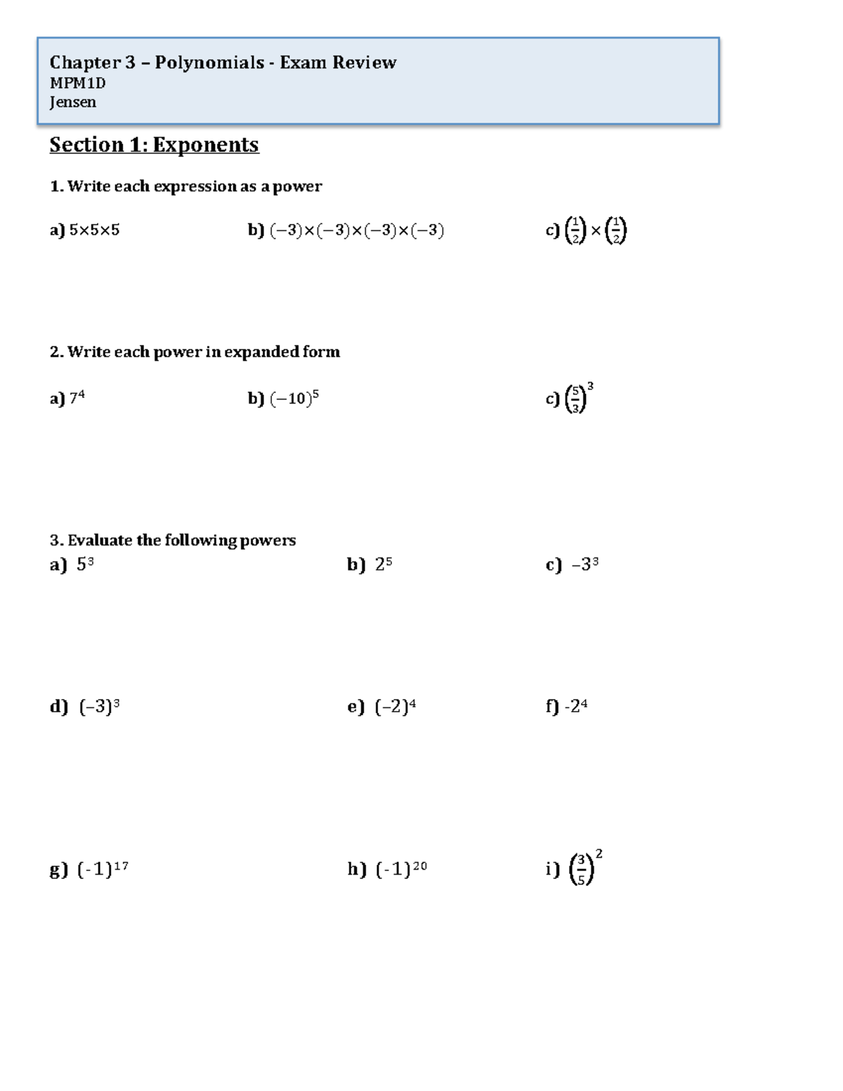 Chapter 3 MPM1D Polynomials Exam Review Package - Studocu