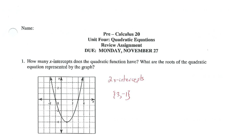Pre Calculus 20 Unit Four: Quadratic Equations Review Key - Studocu