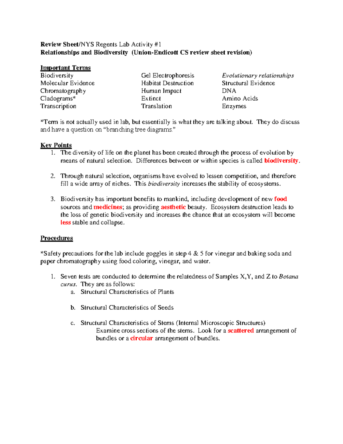 NYS Regents Lab Activity #1: Relationships & Biodiversity Review Sheet ...