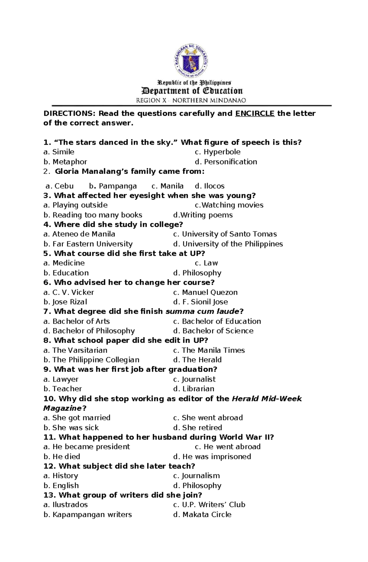 G7 FINAL EXAMINATION IN ENGLISH: Multiple Choice Questions - Studocu