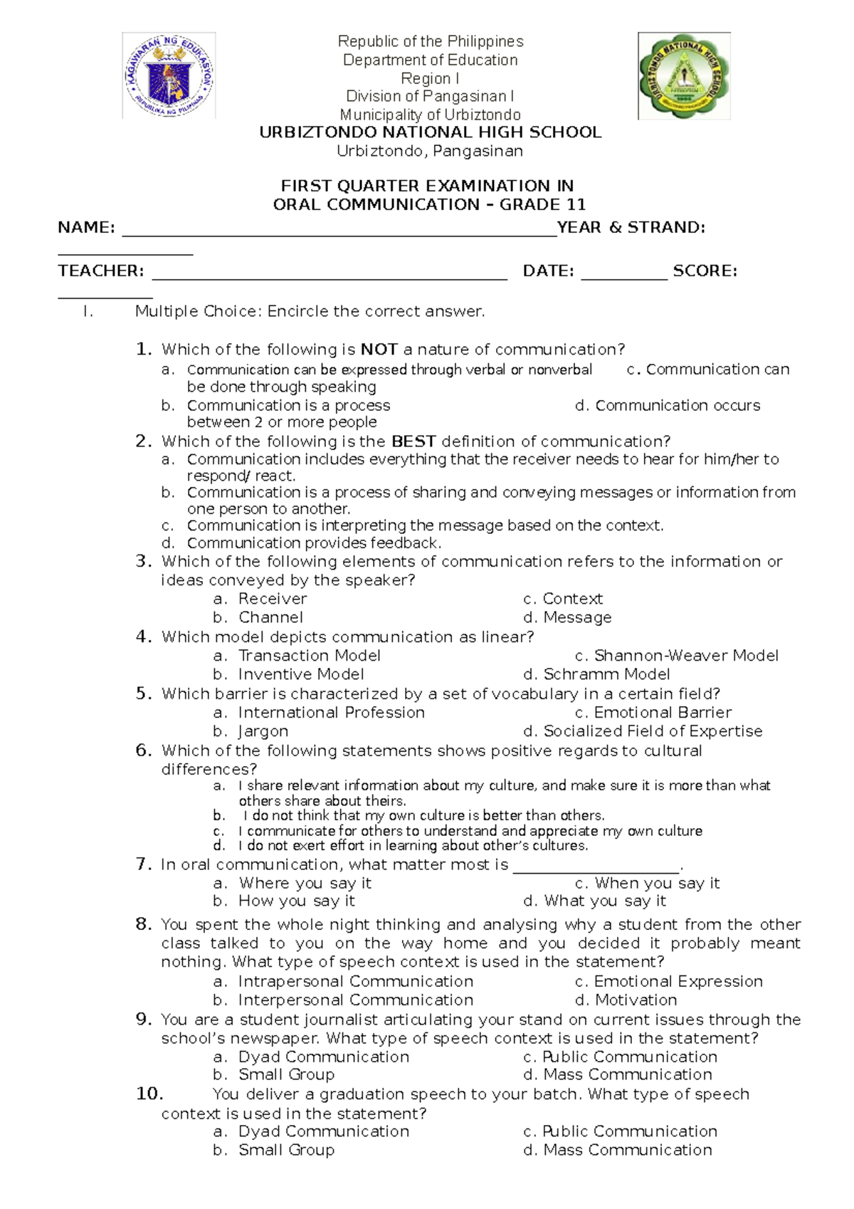 Oral Communication G11 1st Quarter Exam - Important Topics & Questions ...