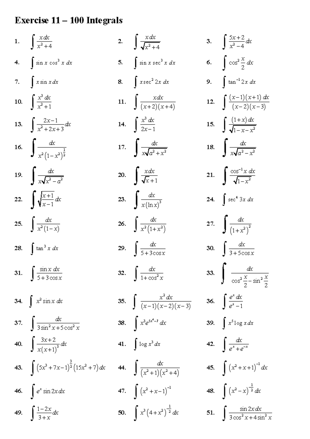 Exercise 11: 100 Integrals - Comprehensive Solutions and Steps - Studocu