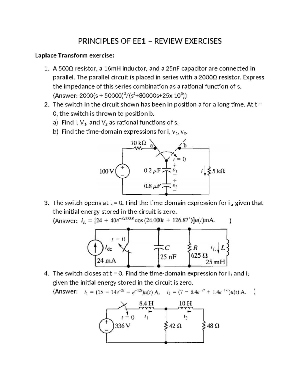 EE1 Review exercises - PRINCIPLES OF EE1 – REVIEW EXERCISES Laplace ...