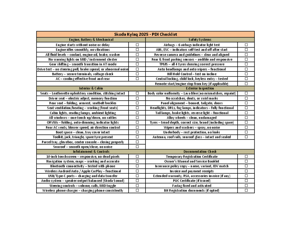 Kylaq PDI Checklist 2025: Comprehensive Vehicle Inspection Guide - Studocu