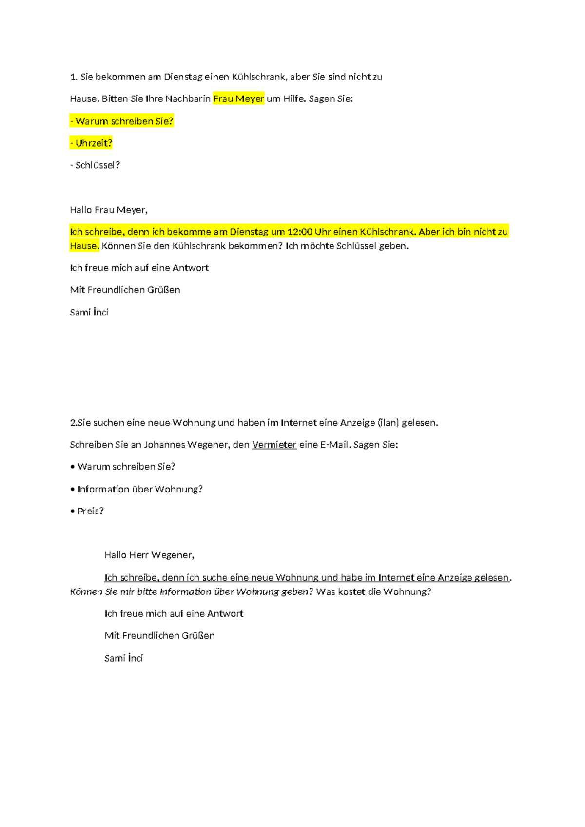 Mail A1 2 - German High School - Istanbul - Edit: Writing Practice ...