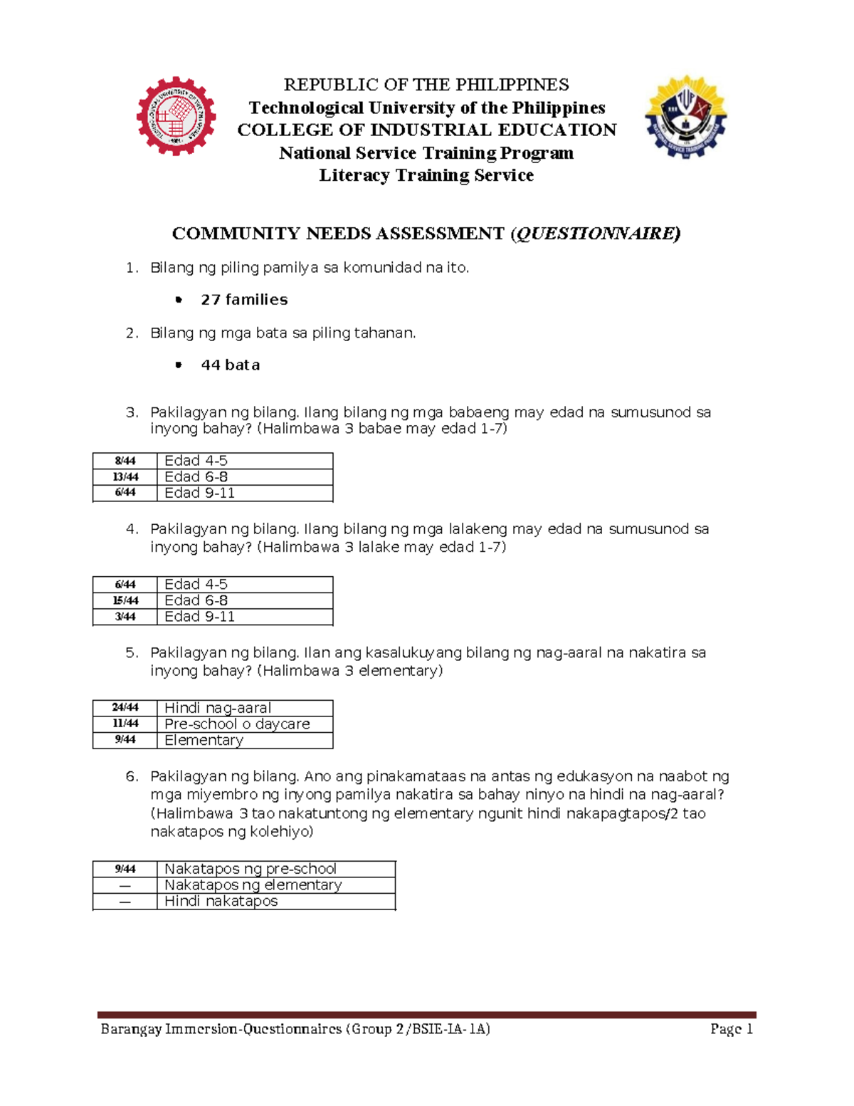 Community Needs Assessment Questionnaire (NSTP-CIE) - Studocu