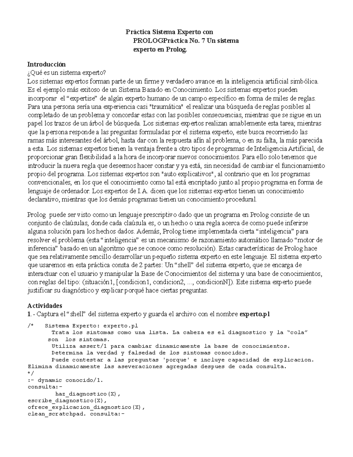 Práctica No. 7: Sistema Experto en Prolog - Inteligencia Artificial - Studocu