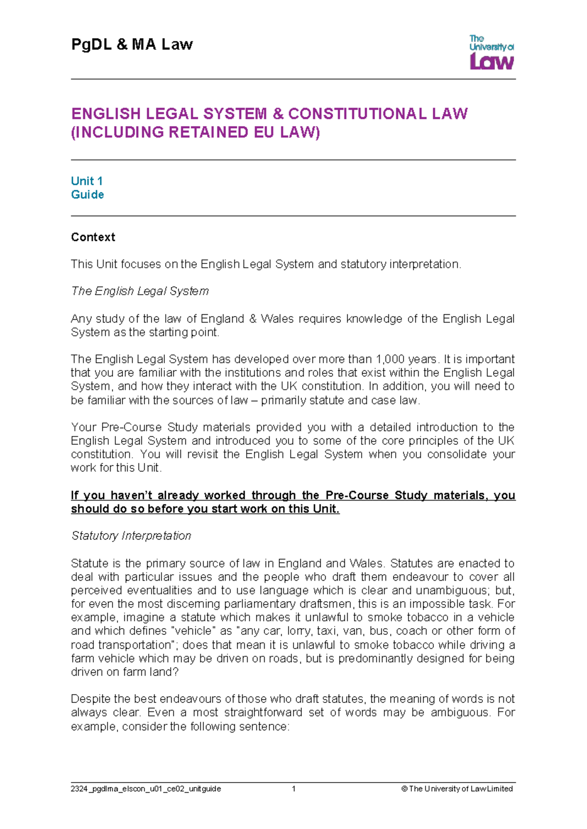 PgDL MA Law ELS Unit 1 Guide: English Legal System & Statutory ...