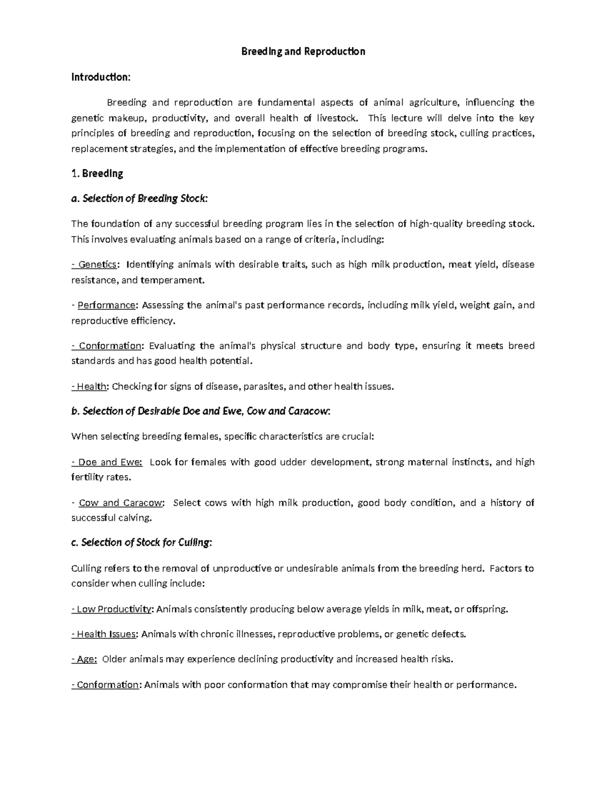 Lecture IV: Breeding & Reproduction in Animal Agriculture - Studocu