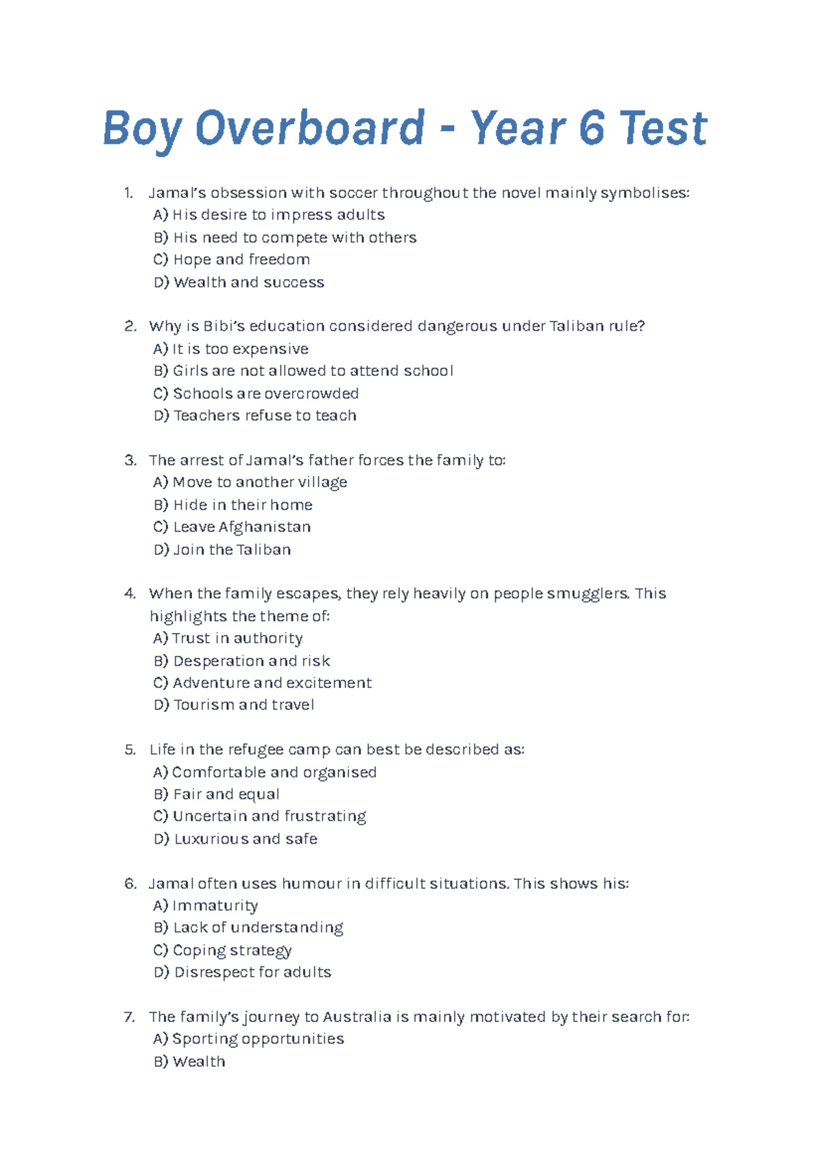 Boy Overboard - Year 6 Test: Themes and Character Analysis - Studocu