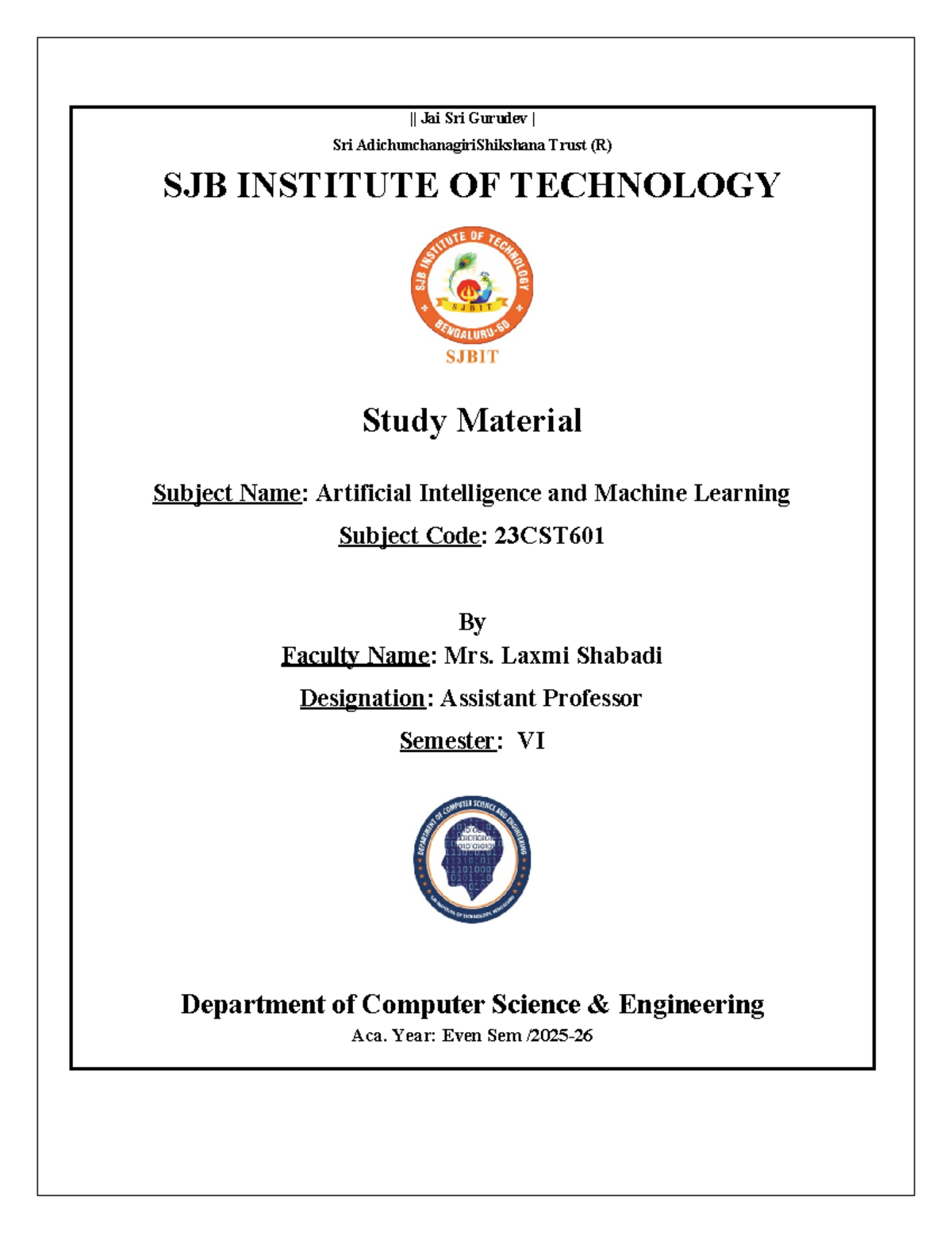 Module 1: Introduction to AI & ML - 23CST601 Notes - Studocu