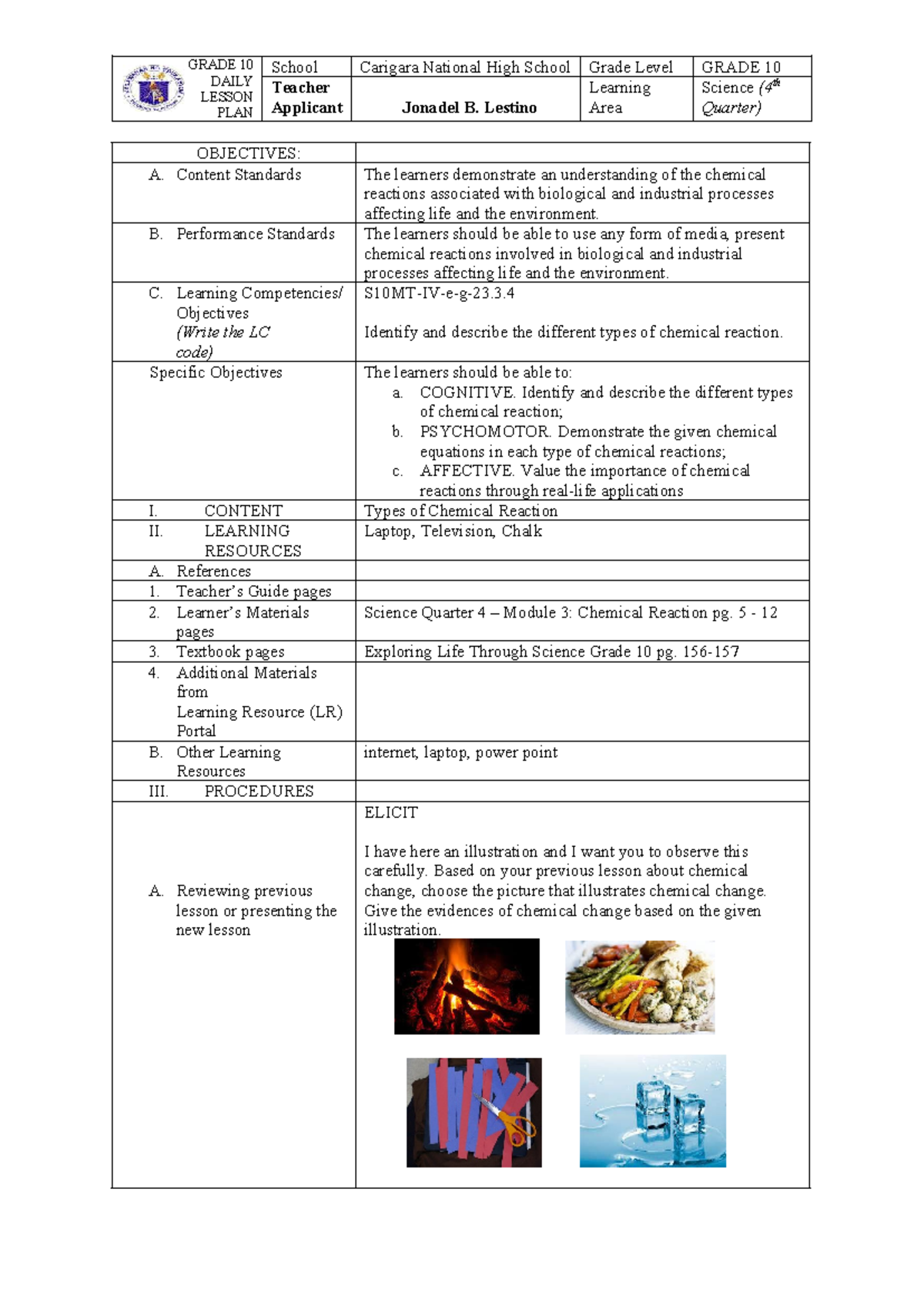 GRADE 10 Science Daily Lesson Plan: 7Es of Chemical Reactions - Studocu