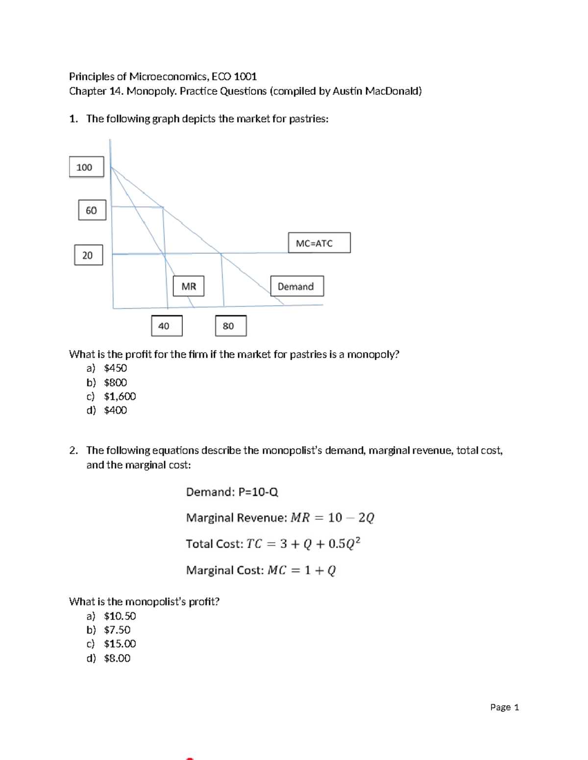 ECO 1001 Chapter 14 Monopoly Practice Questions and Answers - Studocu
