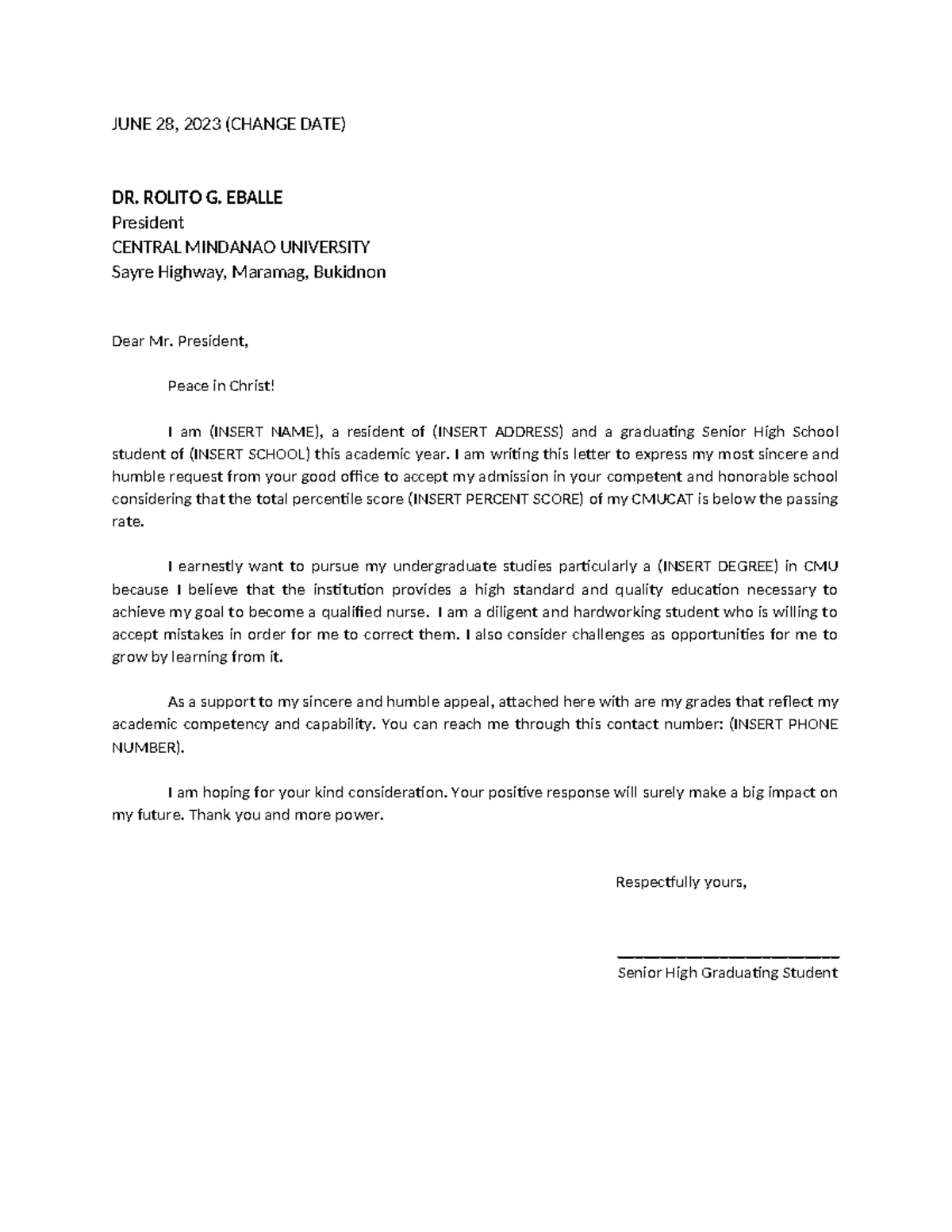 Letter of Admission Request - CMU Application Format - Studocu