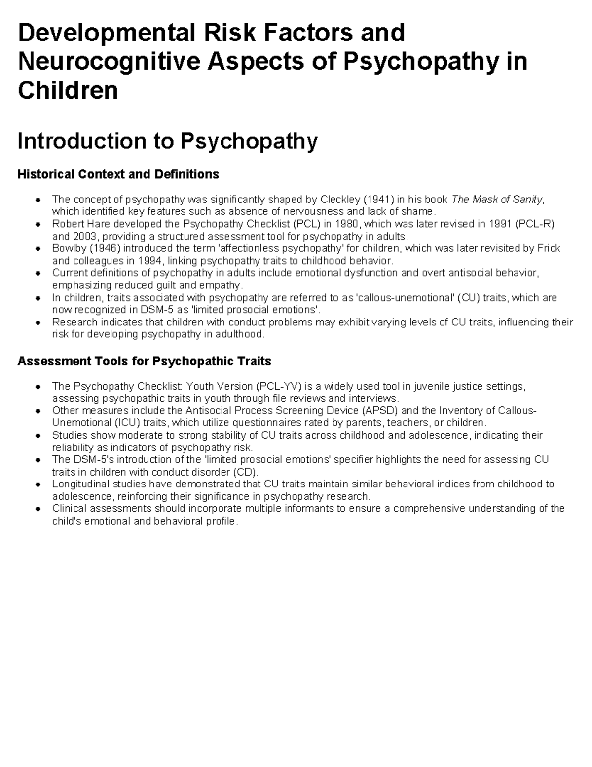 Developmental Risk Factors and Neurocognitive Aspects of Psychopathy in ...