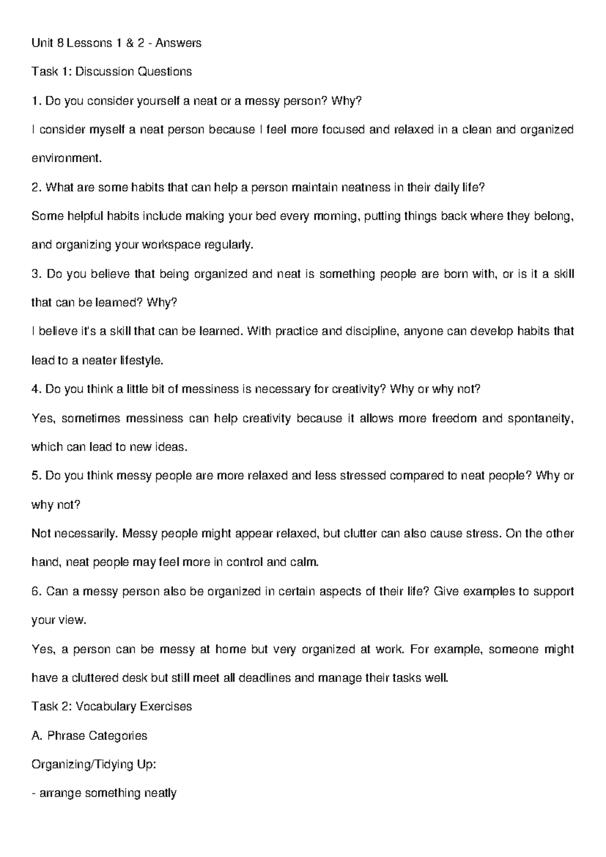 Unit 8 Lessons 1 & 2 - Discussion & Vocabulary Answers - Studocu