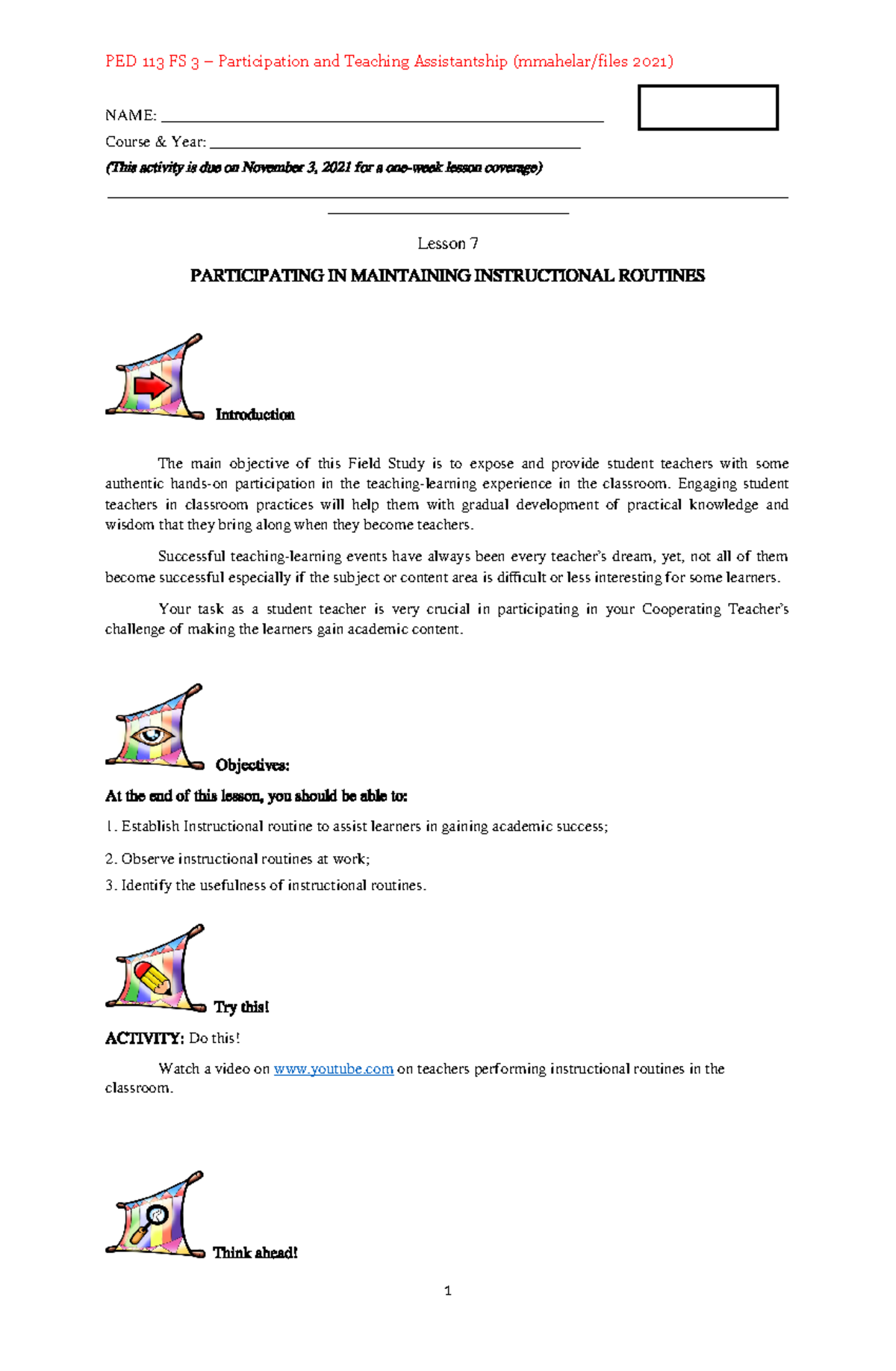 PED 113 Lesson 7 - Ped 113 - NAME: _______________________________________________________ SCORE ...