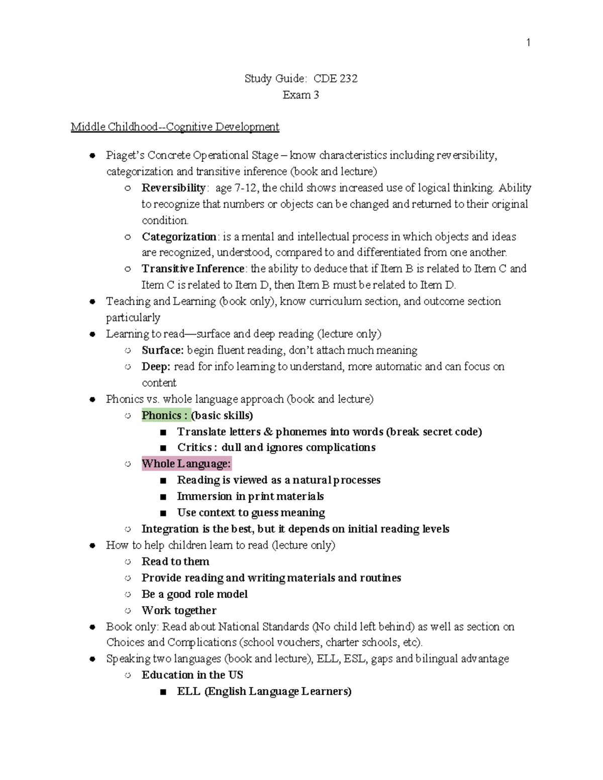 CDE 232 Exam 3 Study Guide: Middle Childhood & Adolescence Development - Studocu