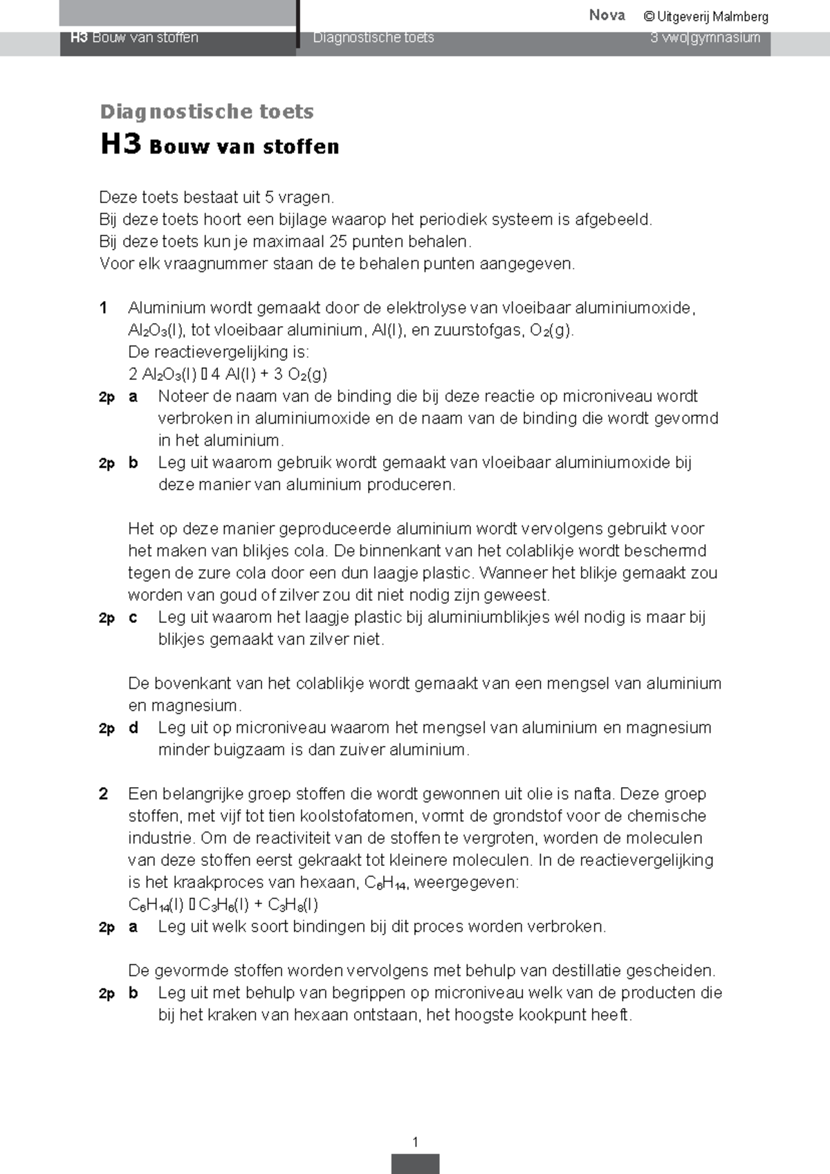 H3 Bouw van Stoffen - Diagnostische Toets 2 (VWO/Gymnasium) - Studeersnel