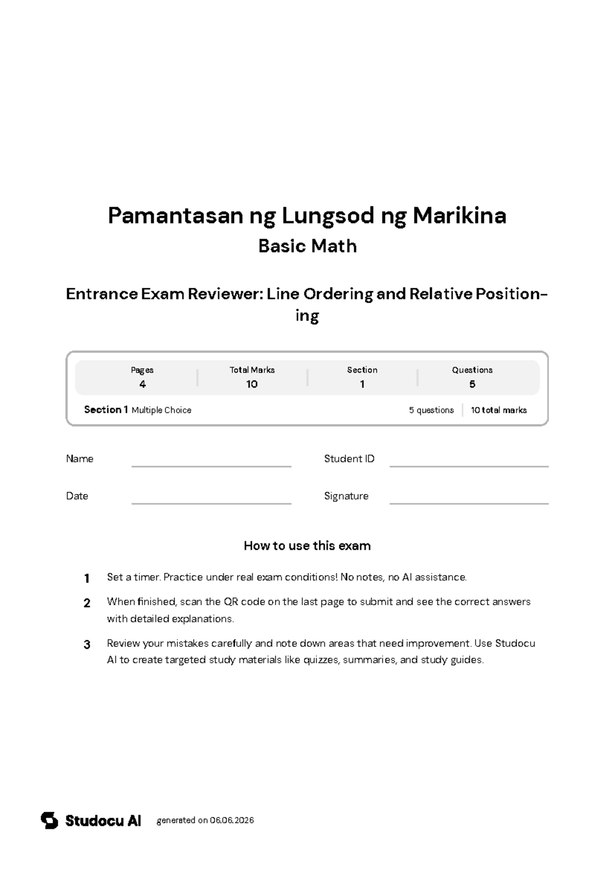 Entrance Exam Reviewer: Line Ordering & Positioning - Studocu