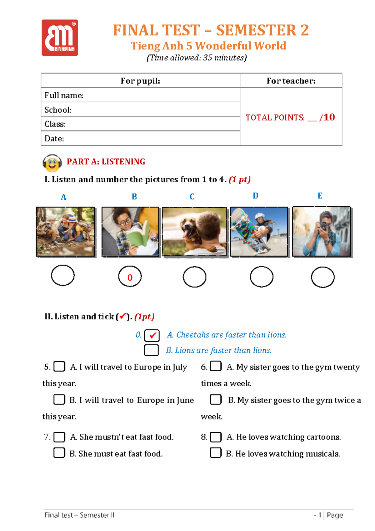 FINAL TEST SEMESTER 2 - Tieng Anh 5: Wonderful World - Studocu